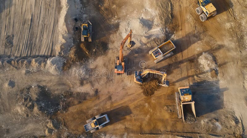 Aerial View of Large Construction Site with Several Earthmover Machines ...