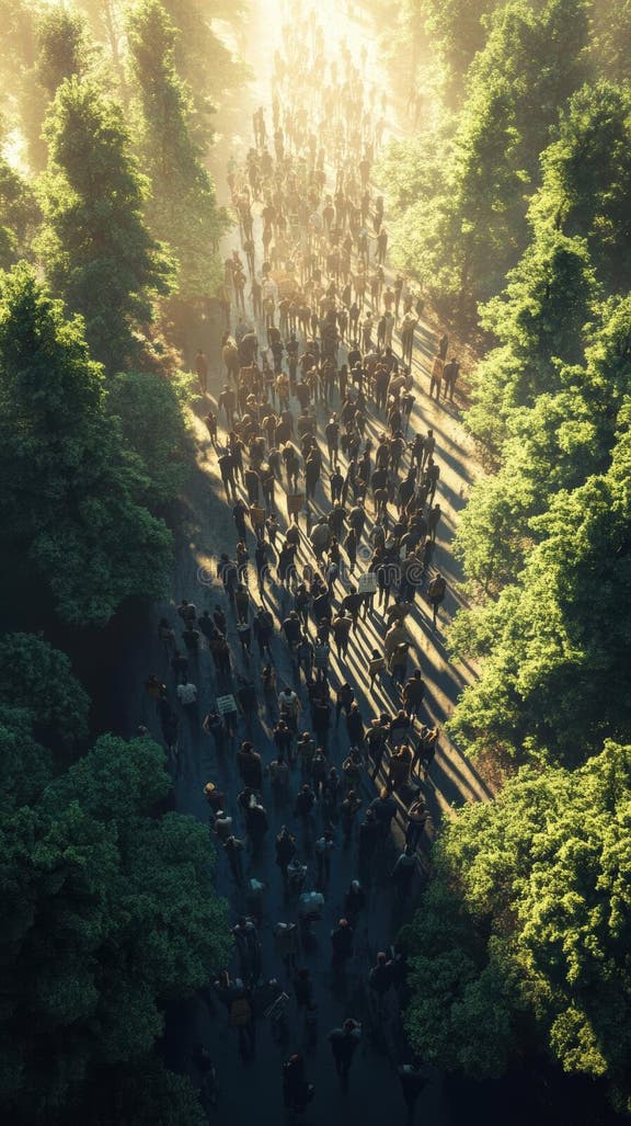 Aerial View of a Large Crowd Walking through a Forest Path Stock Image ...