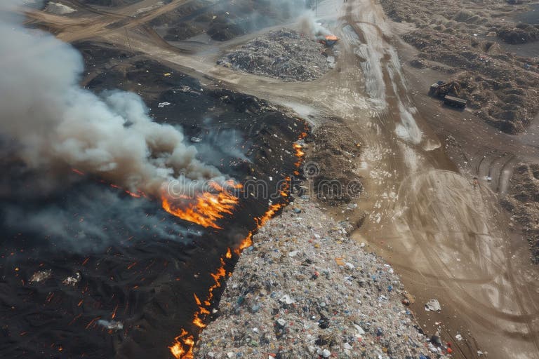 Aerial View of a Large Garbage Dump with a Section on Fire Stock Photo ...