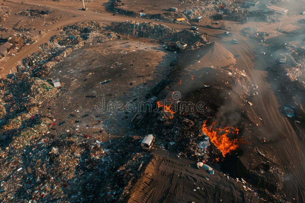 Aerial View of a Large Garbage Dump with a Section on Fire Stock Image ...