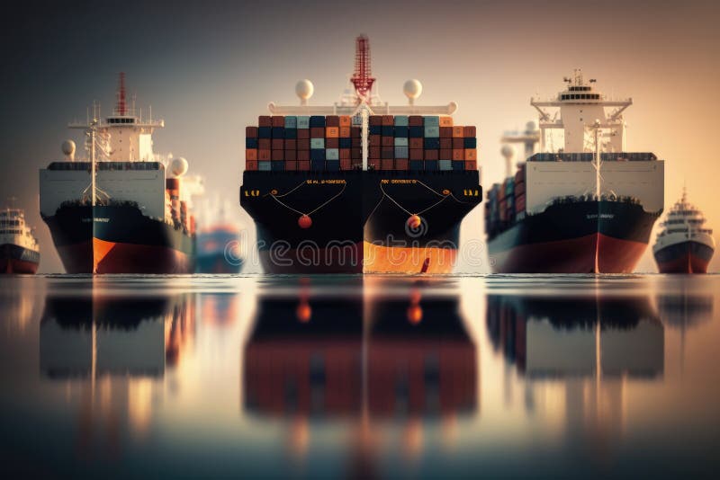 Aerial View of Large Group of Container Ships in the Sea. Generative AI ...