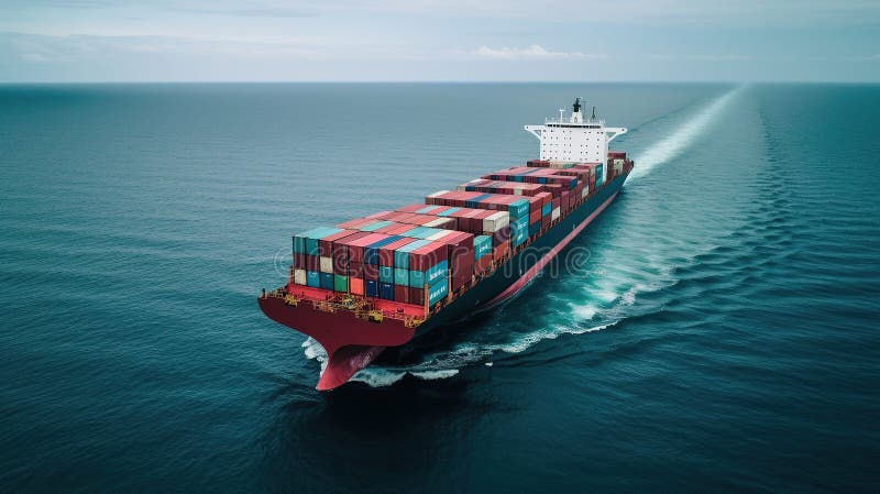Aerial View of a Large, Heavy Loaded Container Cargo Ship Stock ...