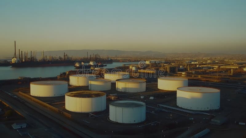 Aerial View of Large Oil Storage Tanks in an Industrial Complex at ...