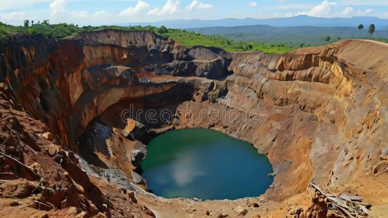 Aerial View of a Large Open Pit Mine with a Deep Blue Lake at Its ...