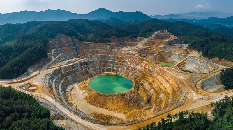 Aerial View of a Large Open-pit Mine with a Lake at the Bottom and ...
