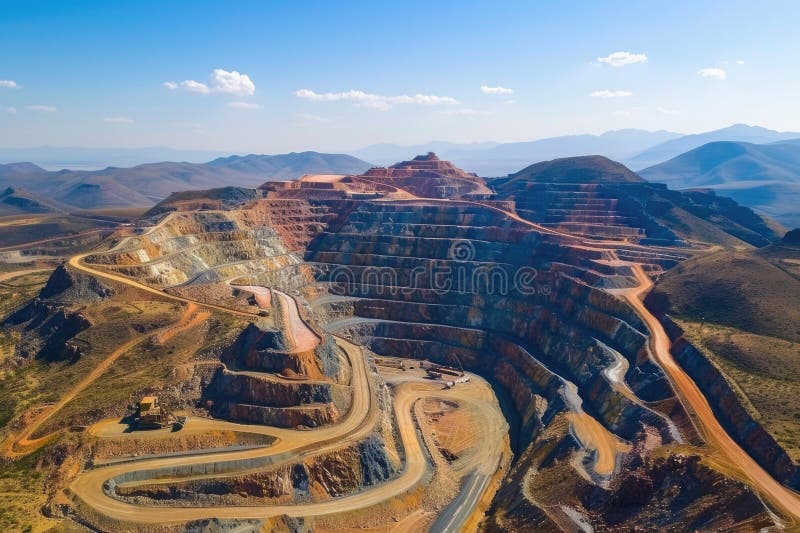 Aerial View of a Large Open Pit Mine with Machinery and Terrain in the ...