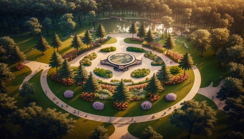 Aerial View of a Large Round Park with a Lake, Generative AI Stock ...