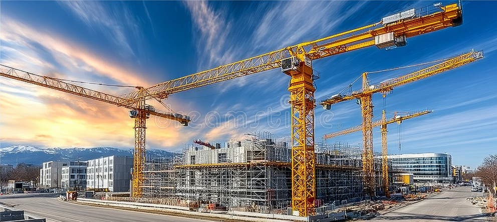 Aerial View of Large Scale Construction Site with Tower Cranes, Steel ...
