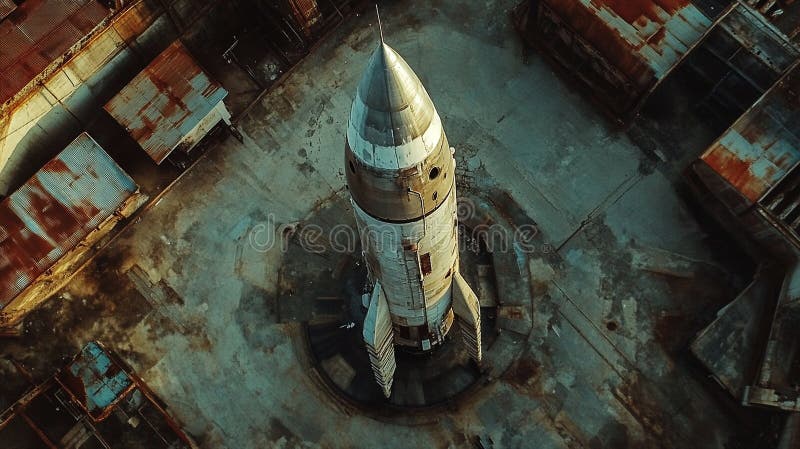 Aerial View of a Large, Silver Rocket Standing Vertically on a Concrete ...
