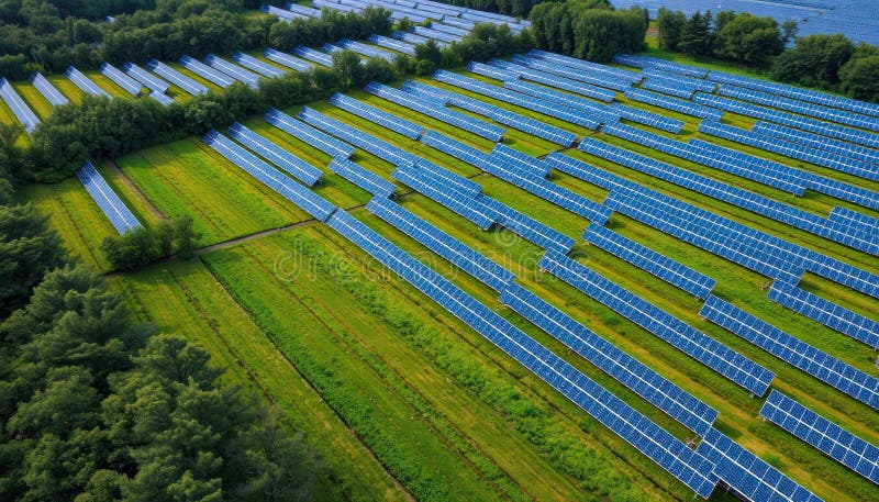 Aerial View of Large Solar Panel Farm. Rows of Solar Panels Stretch ...