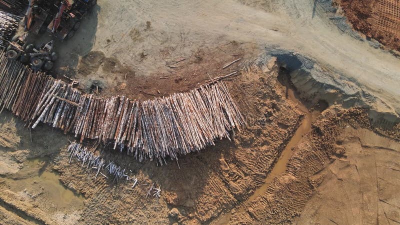 Large Stack of Felled Trees Stacked on Top of Each Other, Aerial View ...