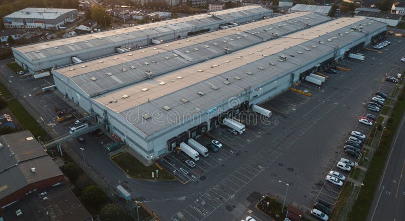 Aerial View of a Large Warehouse Complex with a Grey Roof, Multiple ...