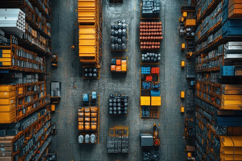 Aerial View of a Large Warehouse with Shelves Stacked High with Various ...