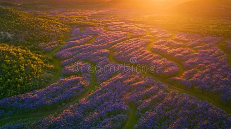 Aerial View of Lavender Field at Sunset Stock Illustration ...