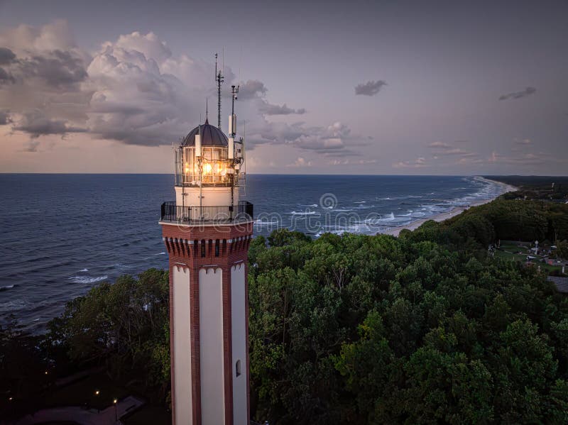 Aerial View of Lighthouse with Light by Baltic Sea, Poland Stock Image ...