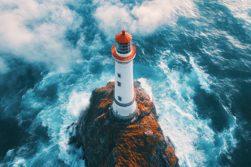 Aerial View of a Lighthouse Standing on a Rocky Cliff Surrounded by ... Aerial View of a Lighthouse Standing on a Rocky Cliff Surrounded by ...