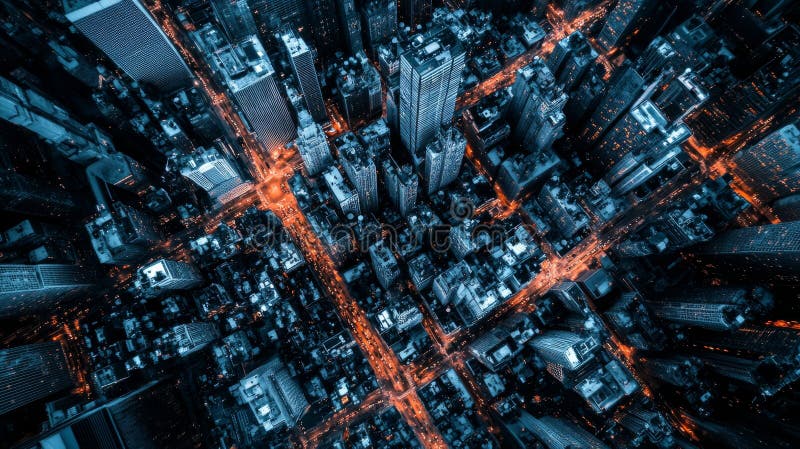 Aerial View of a Lively City Intersection with Bright Neon Lights ...