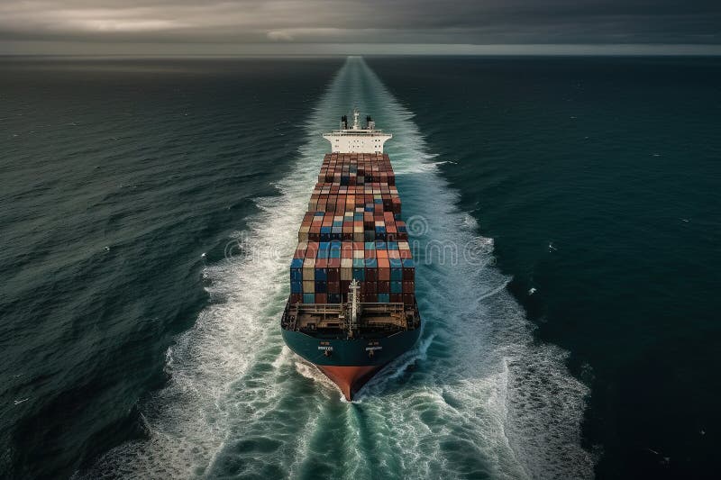 Aerial View of a Loaded Container Cargo Ship As it Speeds Over the ...