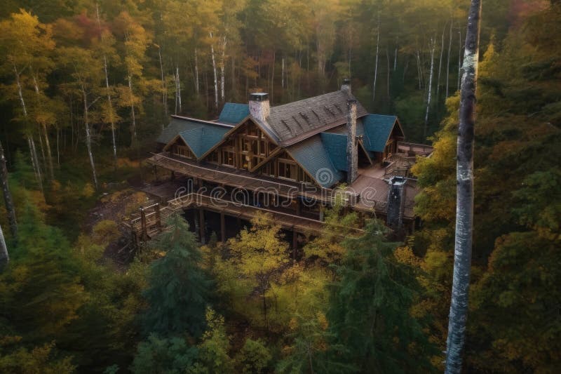 Aerial View of a Log Cabin Surrounded by Dense Forest Stock ...