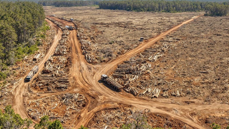 Aerial View of Logging Site with Stacked Timber on Trucks in Deforested ...