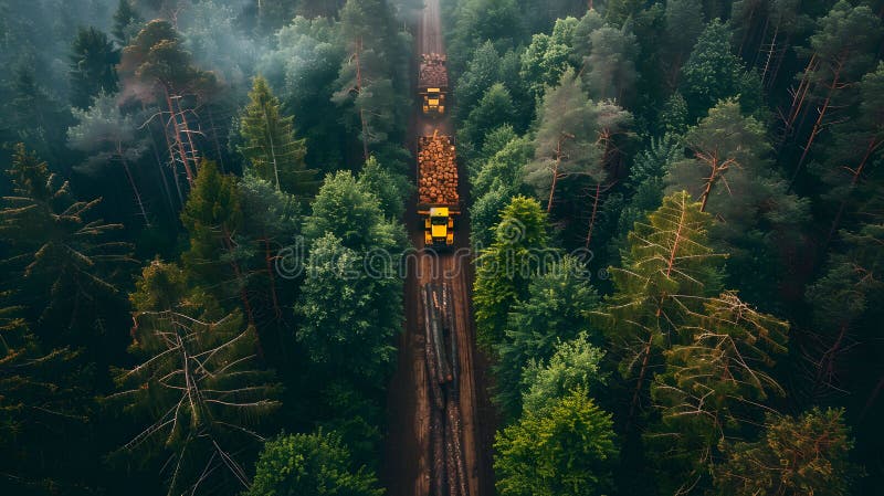 Aerial View of Logging Trucks Transporting Timber through a Dense ...