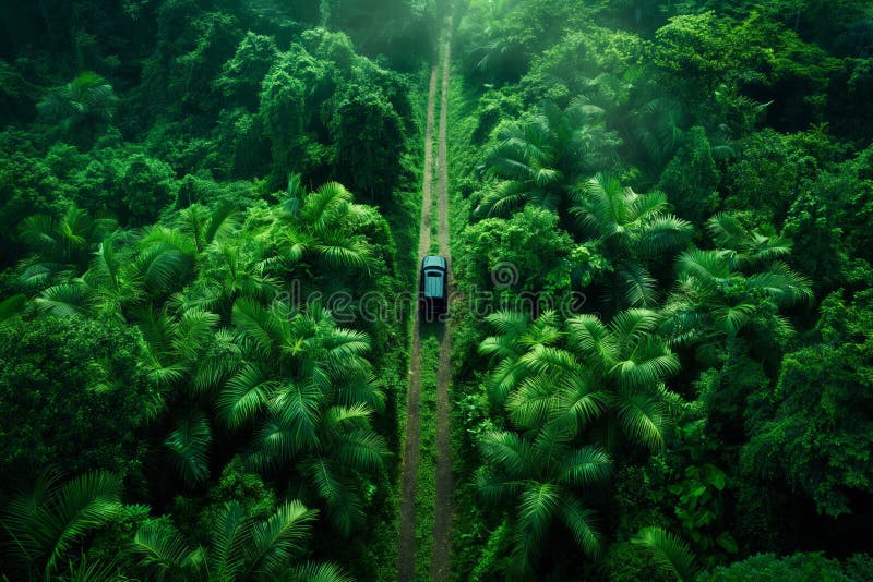 Aerial View of a Lone Car Driving through a Lush Green Jungle Path ...