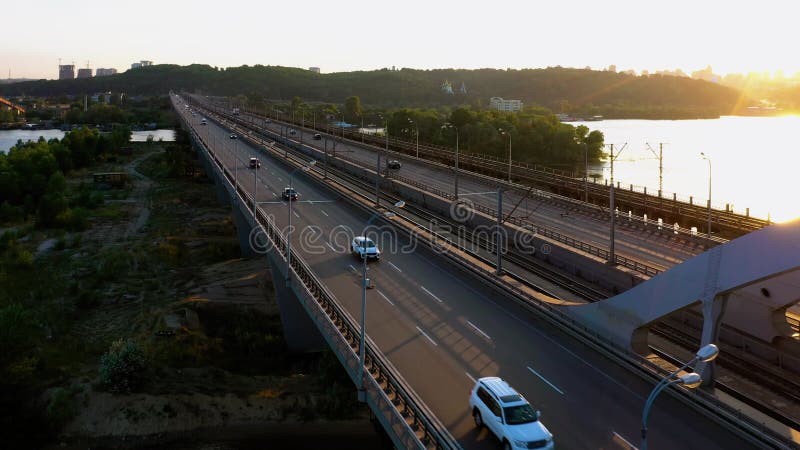 Aerial View of a Long City Bridge with Bright Sunlight. Stock Video ...