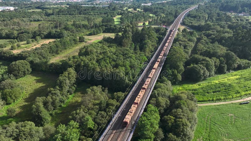 Aerial View of Long Freight Train Passing by the Fields and Green Trees ...