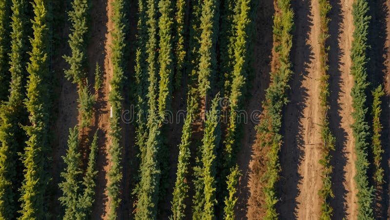 Aerial View of Long Green Rows of Grape Bushes and Paths between Them ...