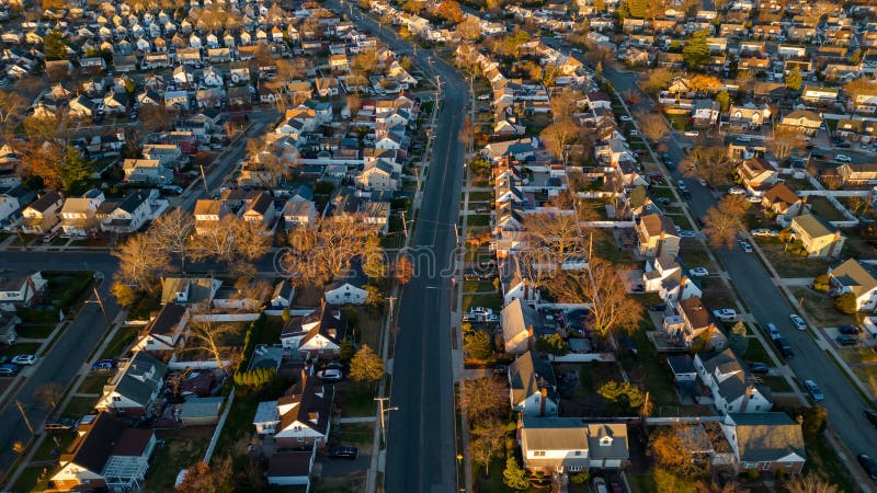 Aerial View Of Long Island A Suburban Neighborhood During A Beautiful