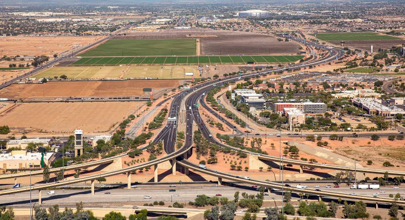 Interchange of the Loop 101 and Interstate 10, Aerial Lookng North ...