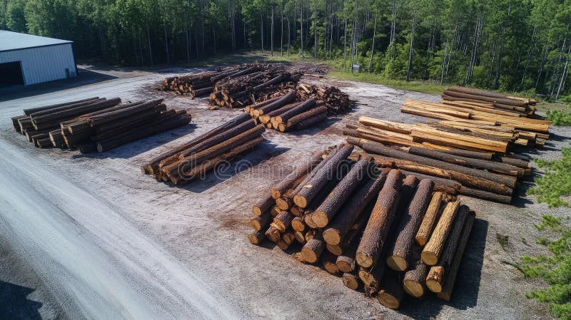 Aerial View of Lumberyard with Stacked Timber Logs in Forested Area ...