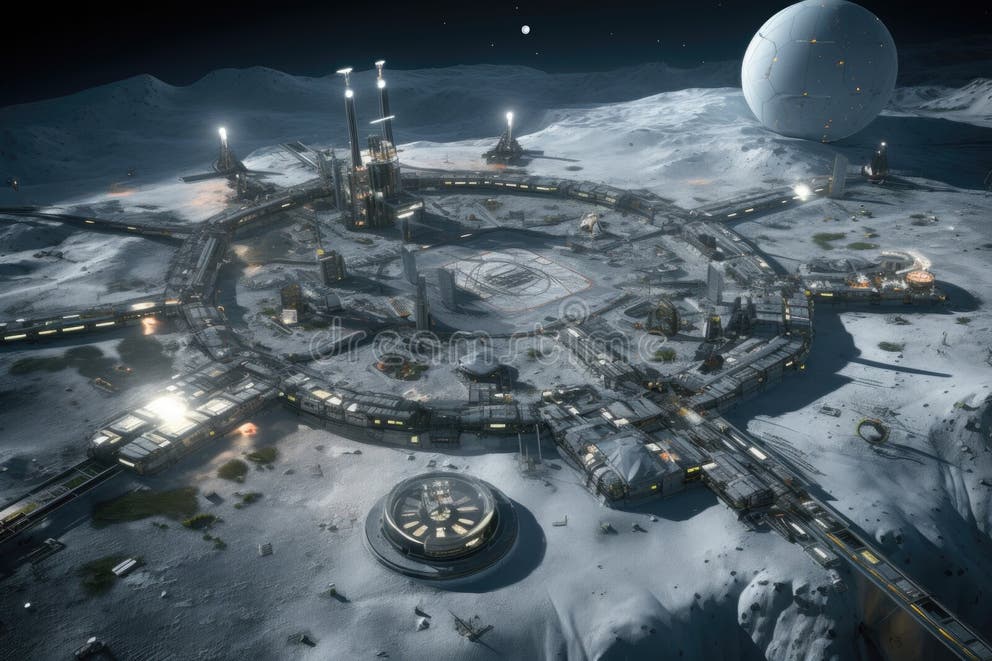 Aerial View of a Lunar Base with Interconnected Modules Stock ...