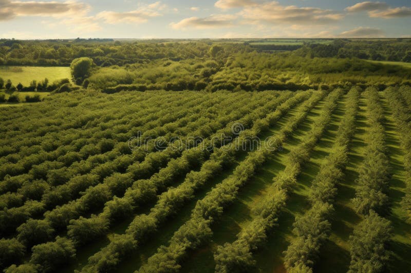 Aerial View of a Lush Apple Orchard Landscape Stock Illustration ...