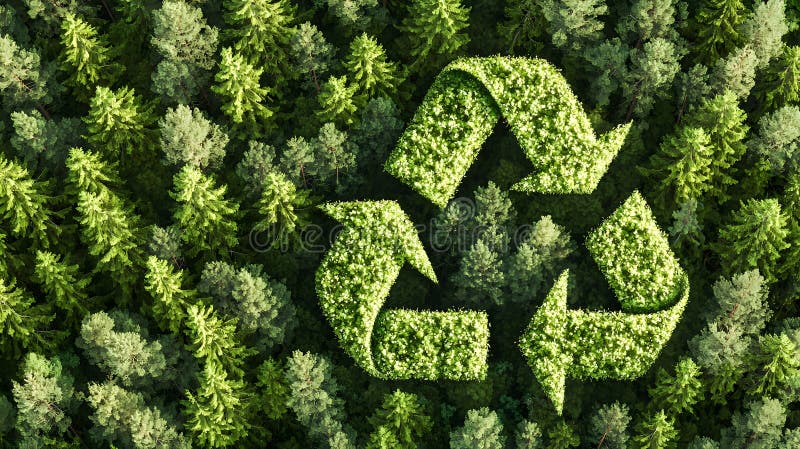 Aerial View of Recycling Symbol in Lush Evergreen Forest Eco Friendly ...