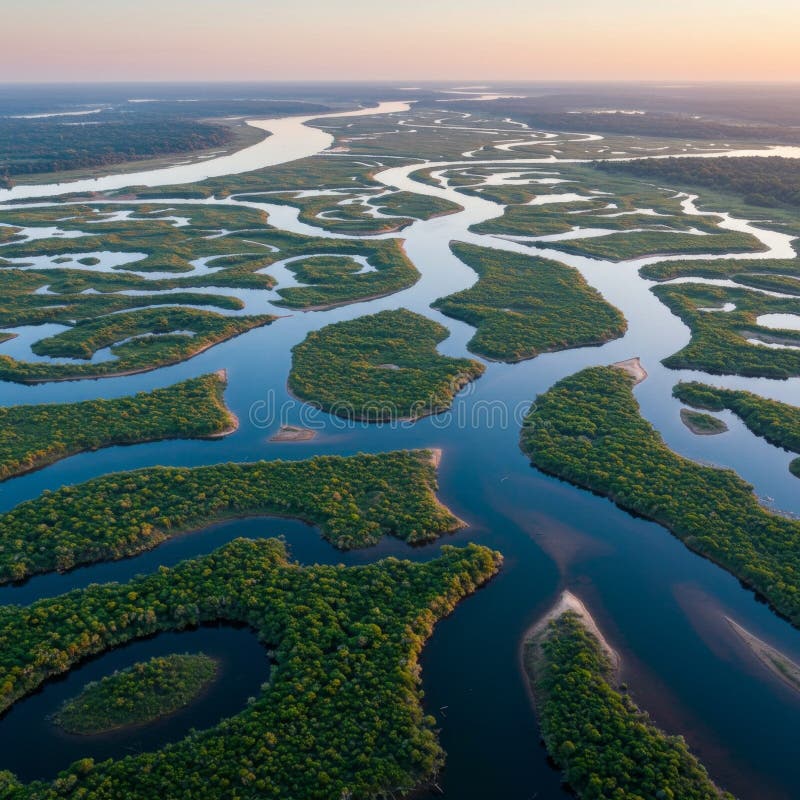 Aerial View of Lush Green Amazon River and Jungle Stock Illustration - Illustration of ...