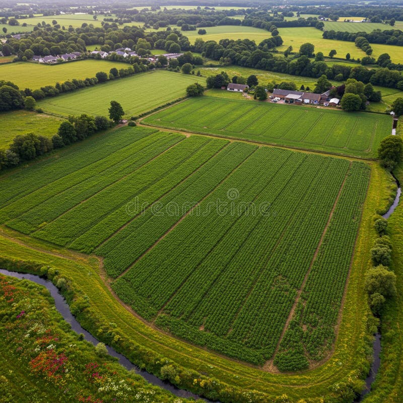 Aerial View of a Lush, Green Farmland Landscape with Neatly Organized ...