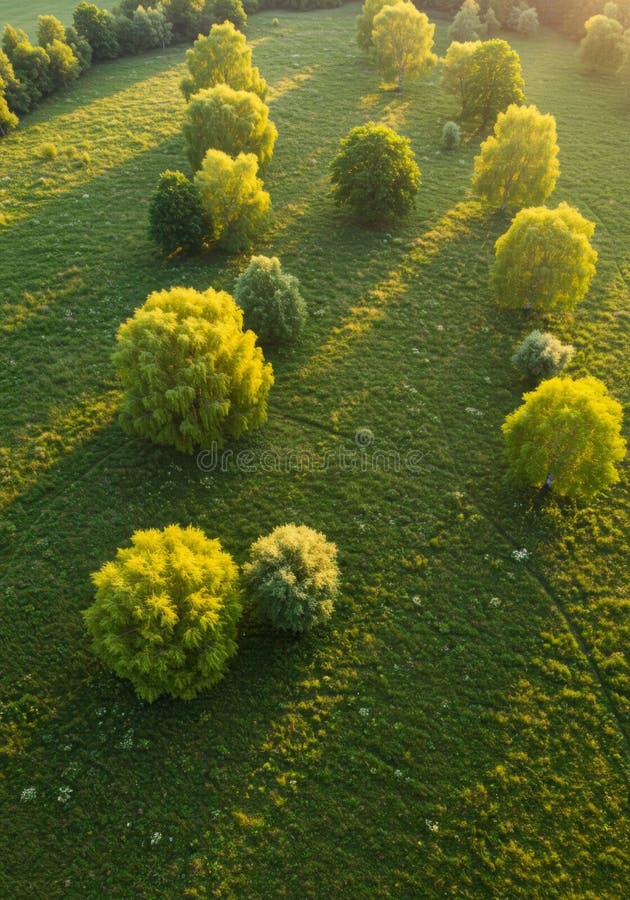 Aerial View of Lush Green Field with Round Trees at Sunset Stock ...