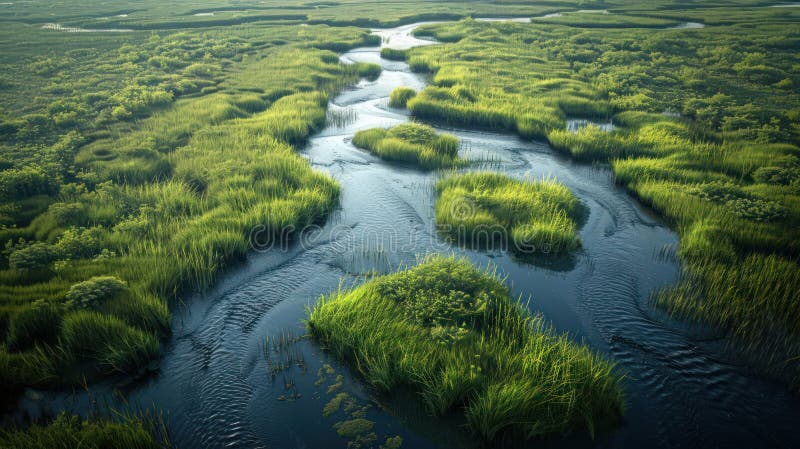 Aerial View of a Lush Green Marsh with Winding Water Pathways Stock ...