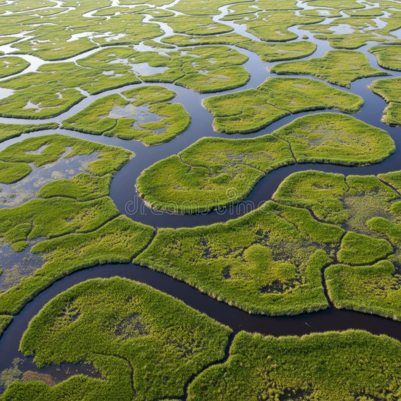 Aerial View of Lush Green Marsh with Winding Waterways Stock ...