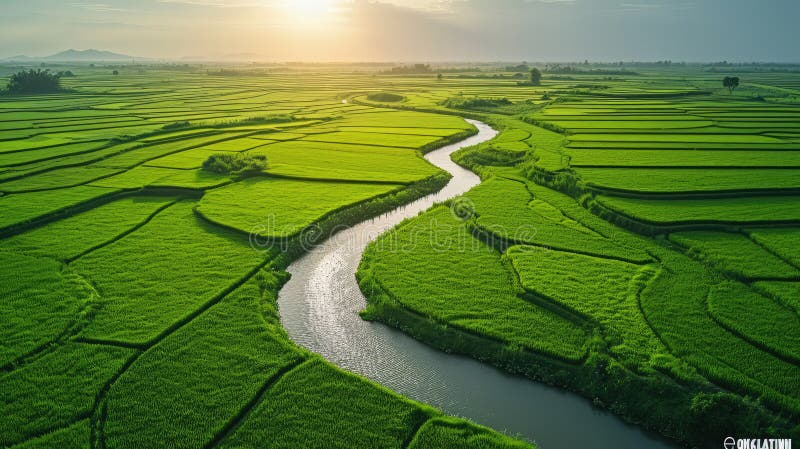 Aerial View of Lush Green Rice Fields with a Winding River, Under a ...