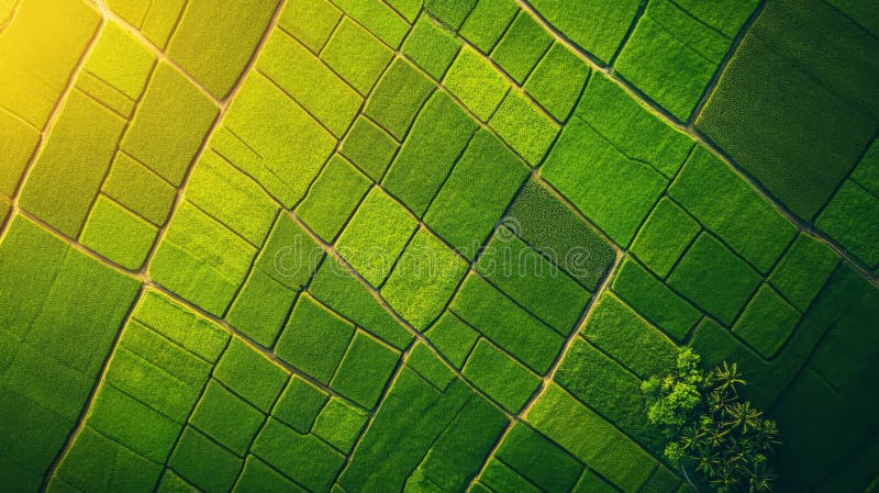 Aerial View of Lush Green Rice Paddy Fields with Geometric Patterns ...