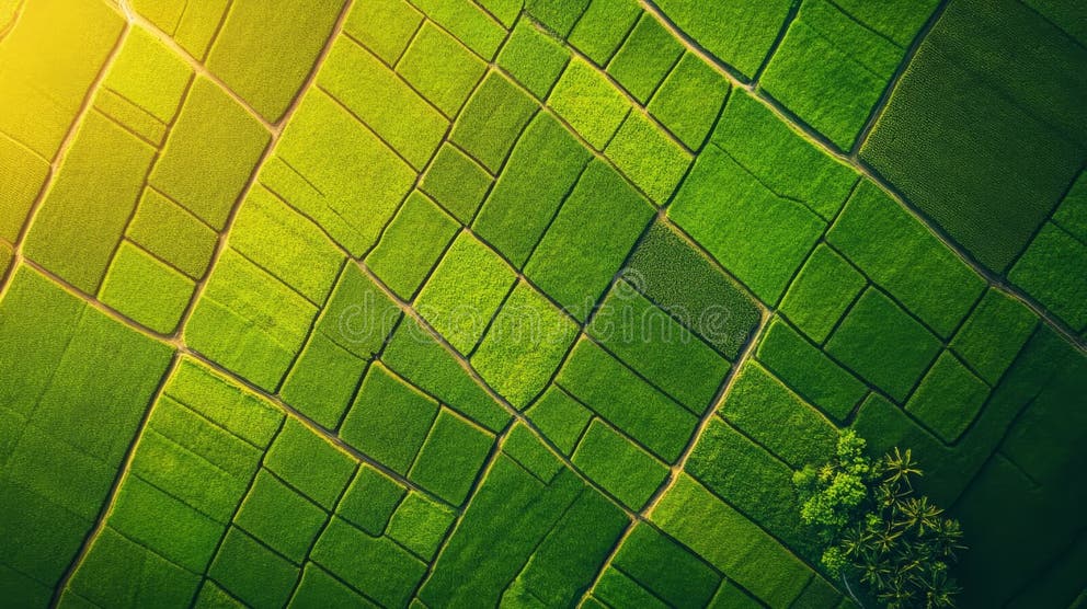 Aerial View of Lush Green Rice Paddy Fields with Geometric Patterns ...
