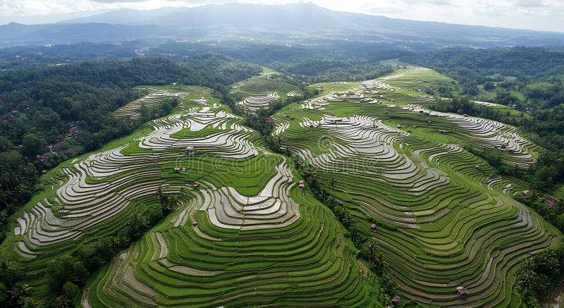 Stunning Aerial View of Lush Green Rice Terraces in Mountainous ...