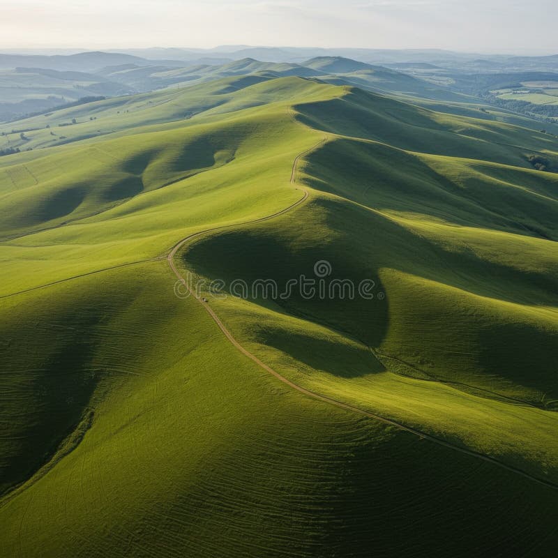 Aerial View of Lush Green Rolling Hills with a Path Stock Illustration ...