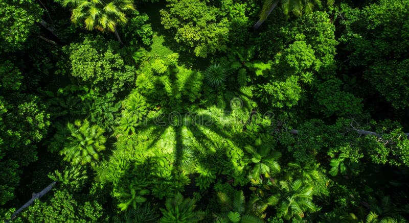 Aerial View of Lush Green Tropical Forest Canopy with Palm Tree Shadow ...