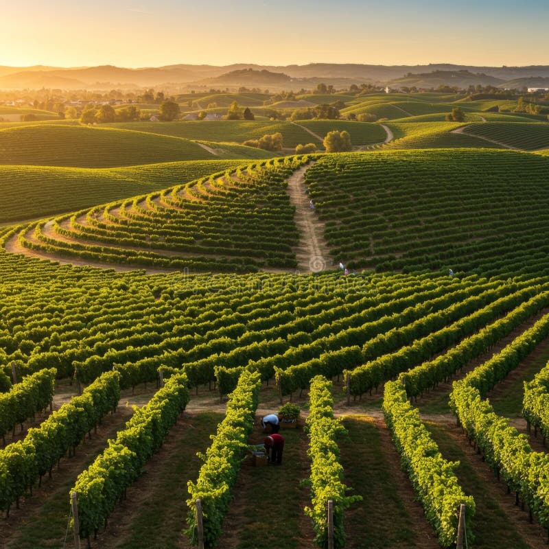 Aerial View of Lush Green Vineyard at Sunset Stock Illustration - Illustration of nature ...