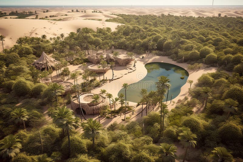 Aerial View Lush Oasis Surrounded Sand Dunes Stock Photos - Free ...