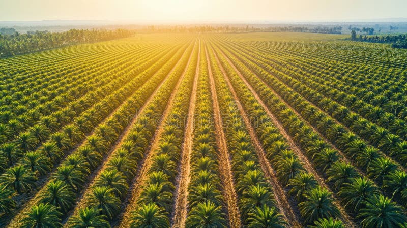 Aerial View of a Lush Palm Plantation Under a Warm Sunset Stock ...