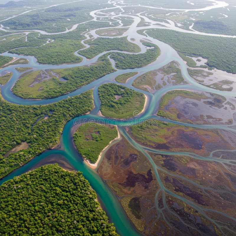 Aerial View of a Lush Tropical River Delta Stock Image - Image of green ...